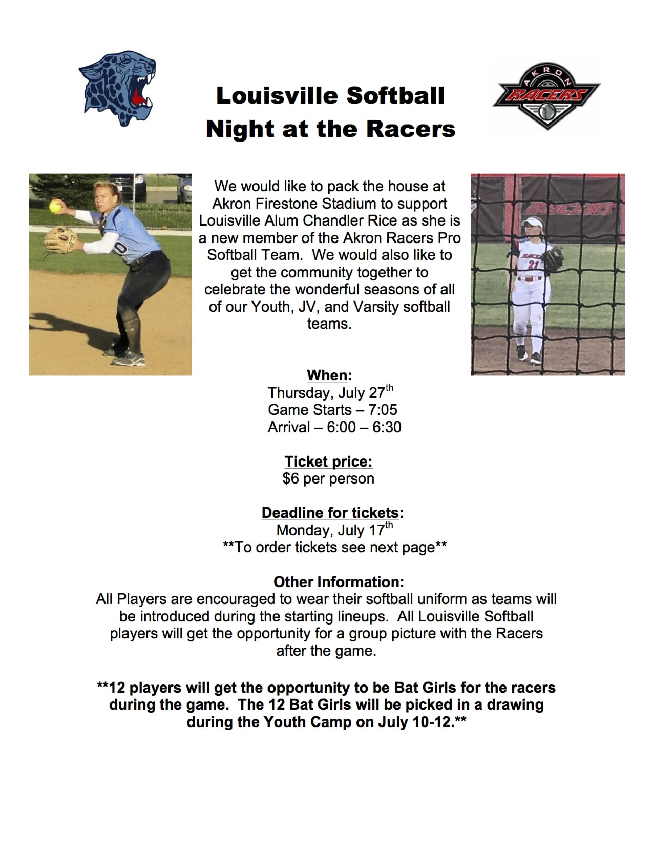 Louisville Softball Night at the Akron Racers July 27th