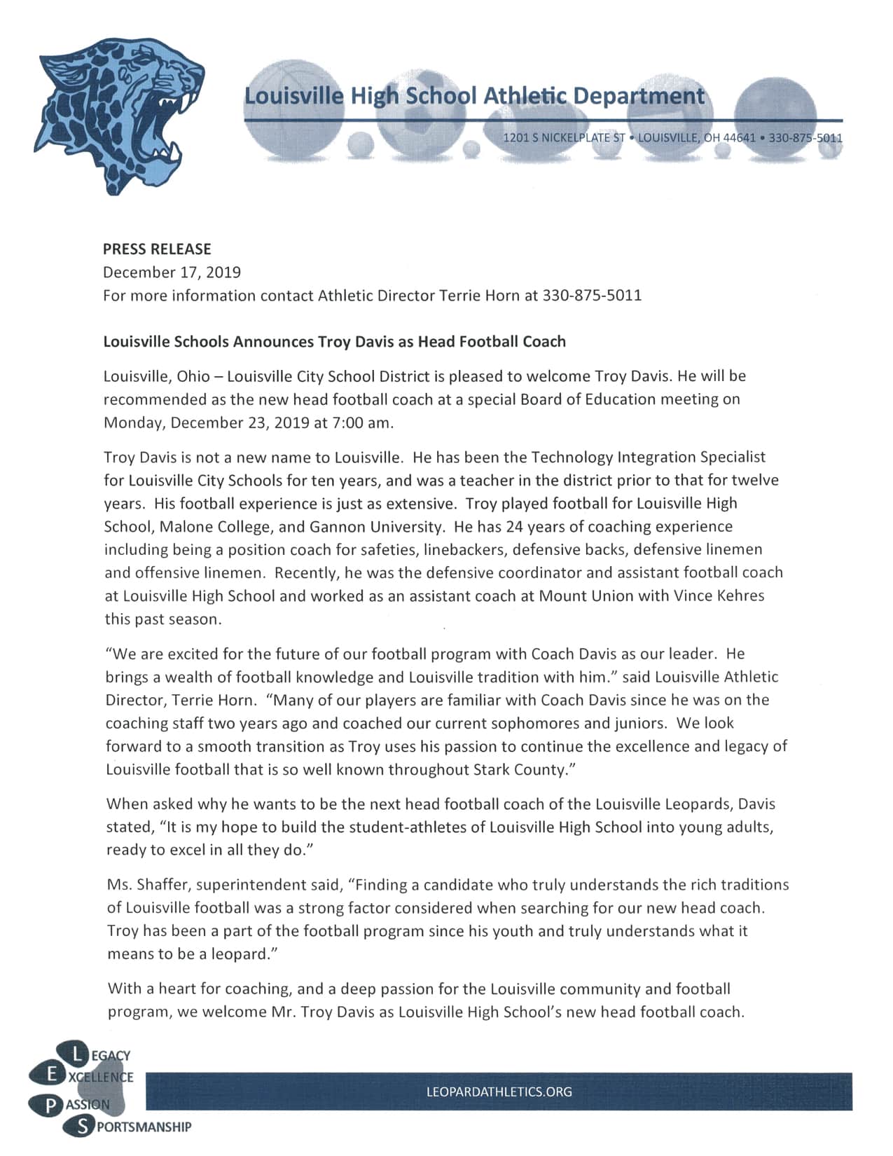 Troy Davis Named New Louisville Leopards Football Head Coach | Leopard ...